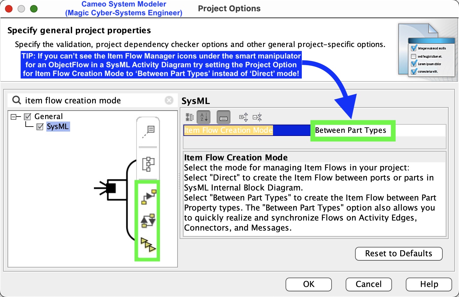 TIP: SysMLv1: Cameo: Can't see the Item Flow Manager icons in the smart manipulators for an ...
